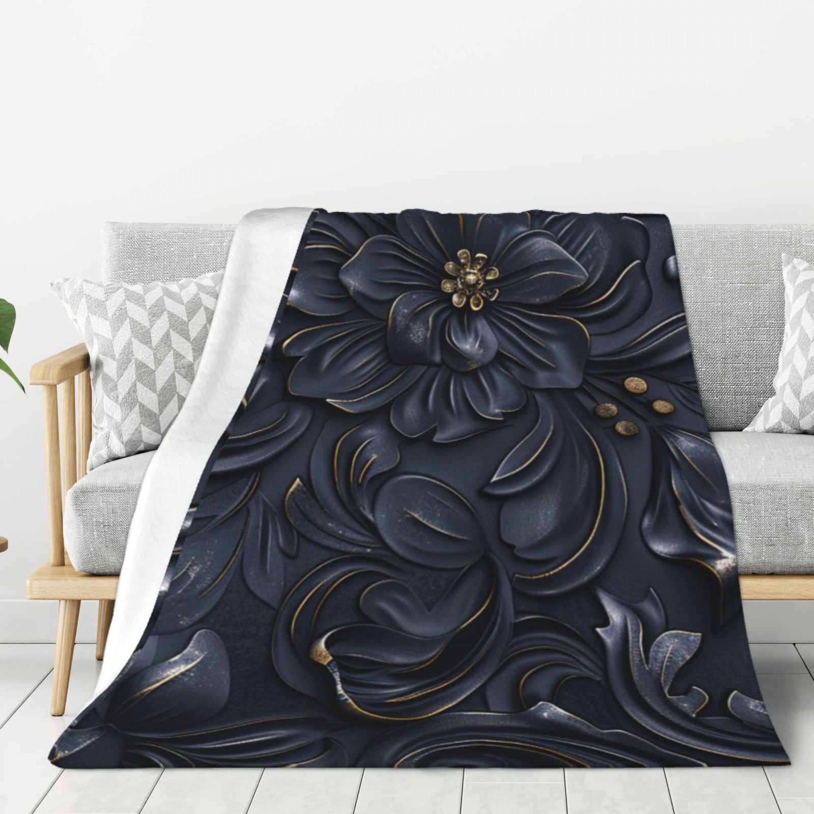 Black Gold Embossed Lightweight Plush Fuzzy Cozy Soft Blankets 60"X50 ...
