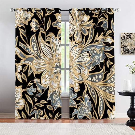 Black And Gold Ethnic Flowers Blackout Curtains, Vintage Plant Prints ...