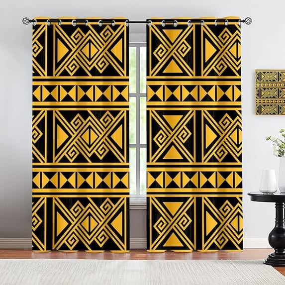 Black And Gold Ethnic Tribal Pattern Window Curtain, Geometric Design ...