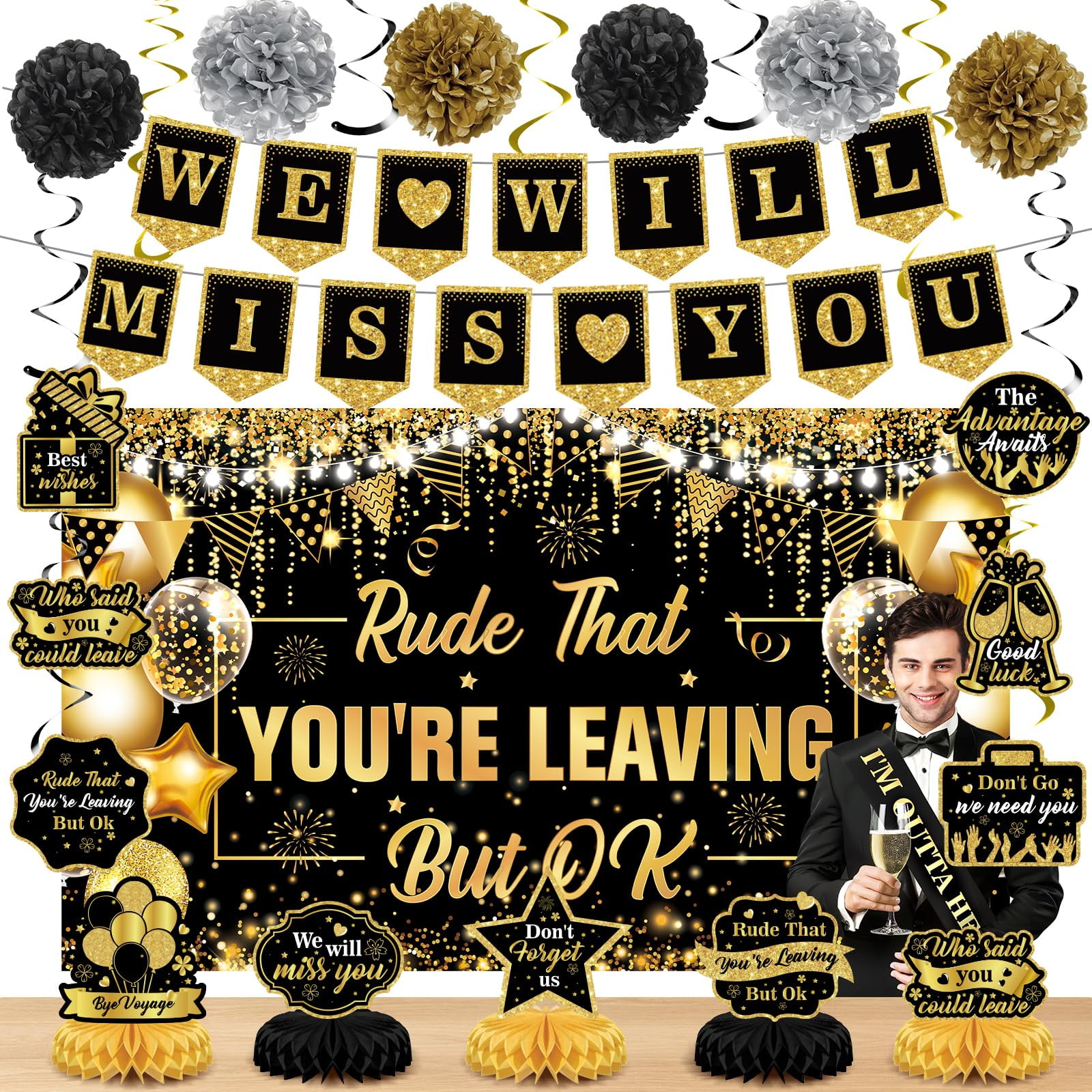 Black Gold FarewellEGSC Party Decorations We Will Miss You Honeycomb Centerpiece Rude That You ...