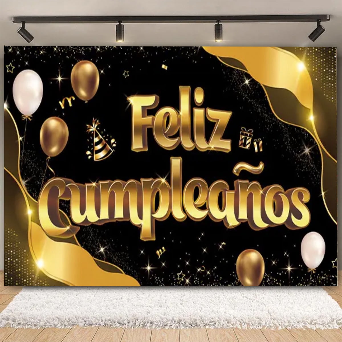 Black Gold Feliz cumpleaños Backdrops Birthday Gold Glitter Balloon ...