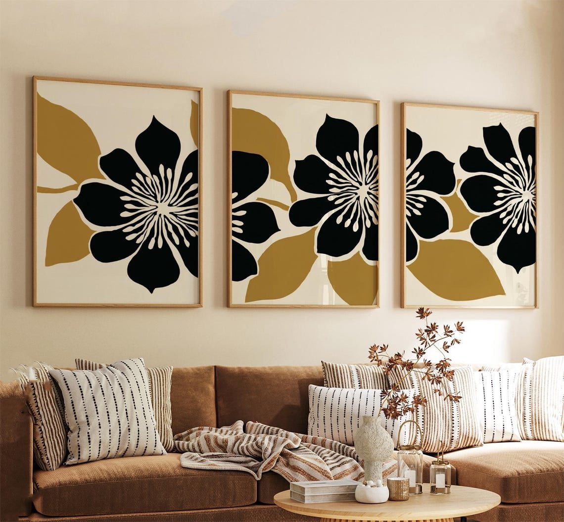Black Gold Floral Abstract Botanical Wall Art Bold Petal Shapes Set 3 ...