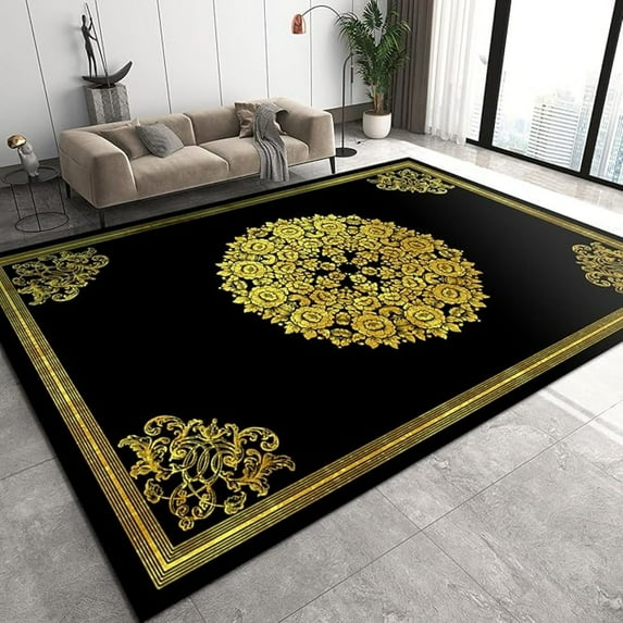 Black Gold Floral Art Area Rugs, Retro Golden Border Lines Easy Clean ...