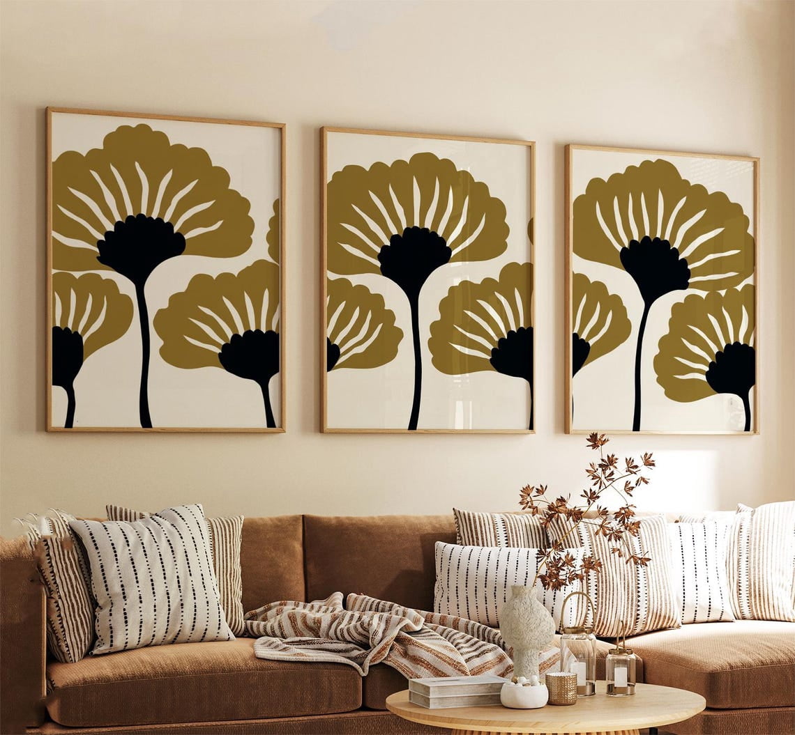 Black Gold Floral Minimal Botanical Rounded Petal Forms Art Set 3 ...