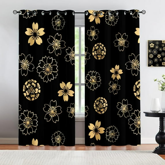 Black And Gold Floral Pattern Blackout Window Curtain, Abstract Fashion ...
