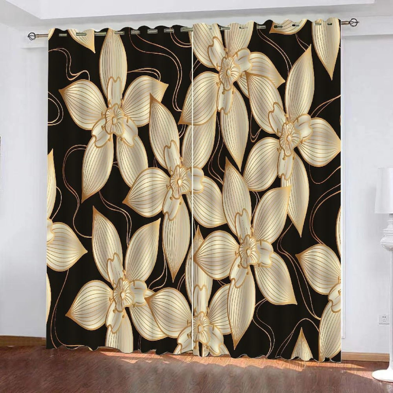 Black And Gold Floral Print Print Curtain, Modern Style Abstract Light ...