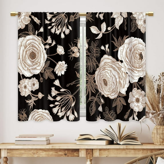 Black Gold Floral Rose Kitchen Curtains Rustic Flower Bathroom Curtains ...