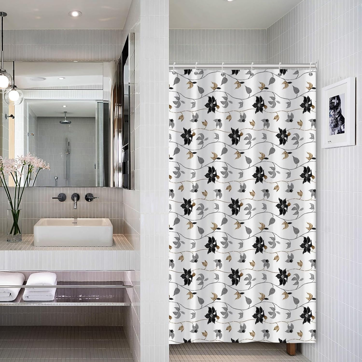 Black Gold Floral Shower Curtain Elegant Botanical Leaves Pattern ...