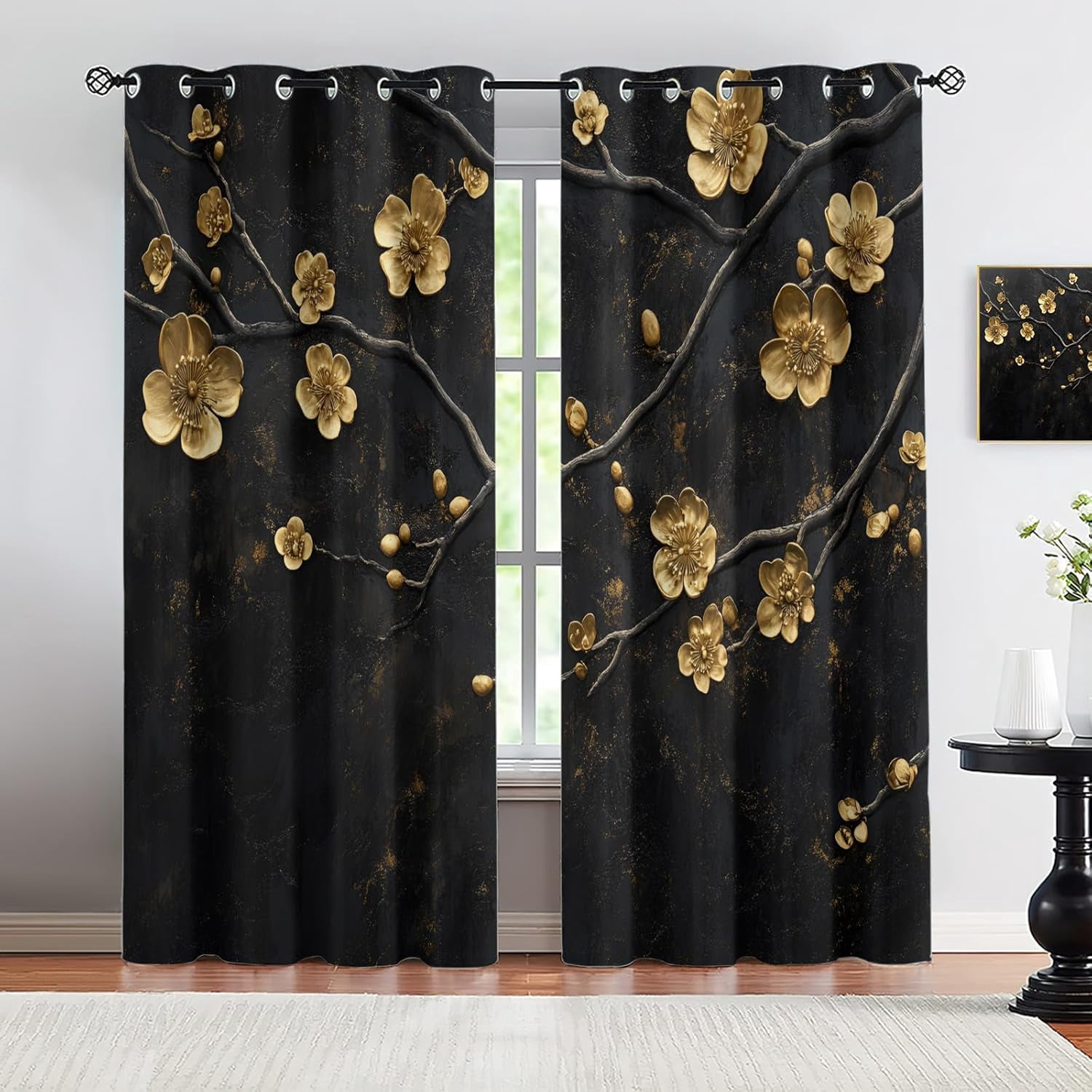 Black Gold Floral Style Blackout Curtains Curtain Panels for Bedroom ...