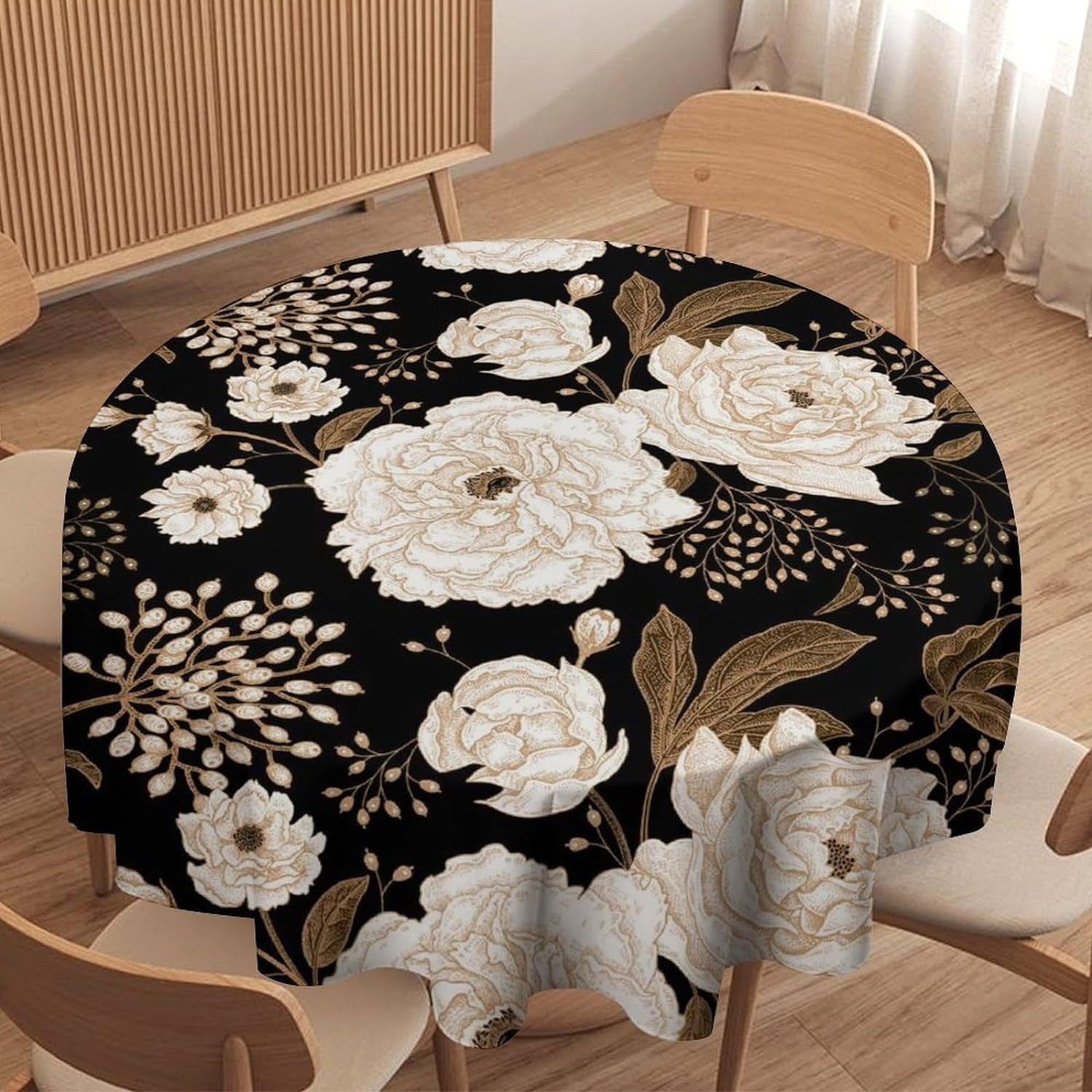 Black Gold Floral Tablecloth, Retro Peony Rose Flowers Oriental Style ...
