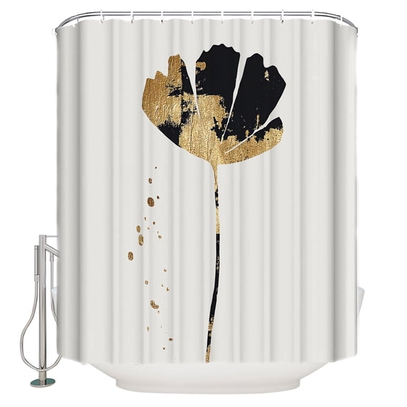 Black Gold Flower Bathroom Shower Curtains with 12 Hooks Polyester ...