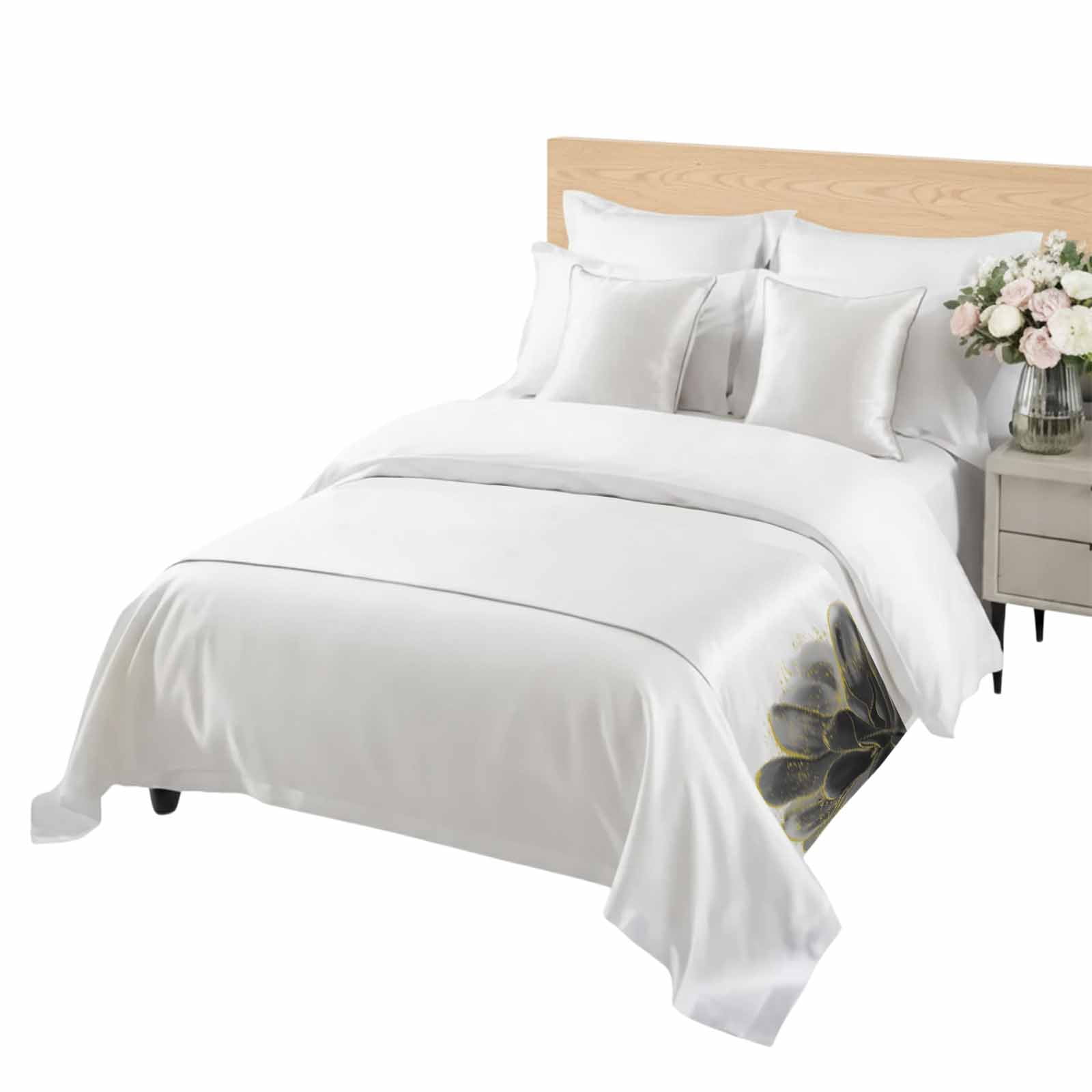 Black Gold Flower Bed Runner Cal King Size Gray Gradient Vintage ...