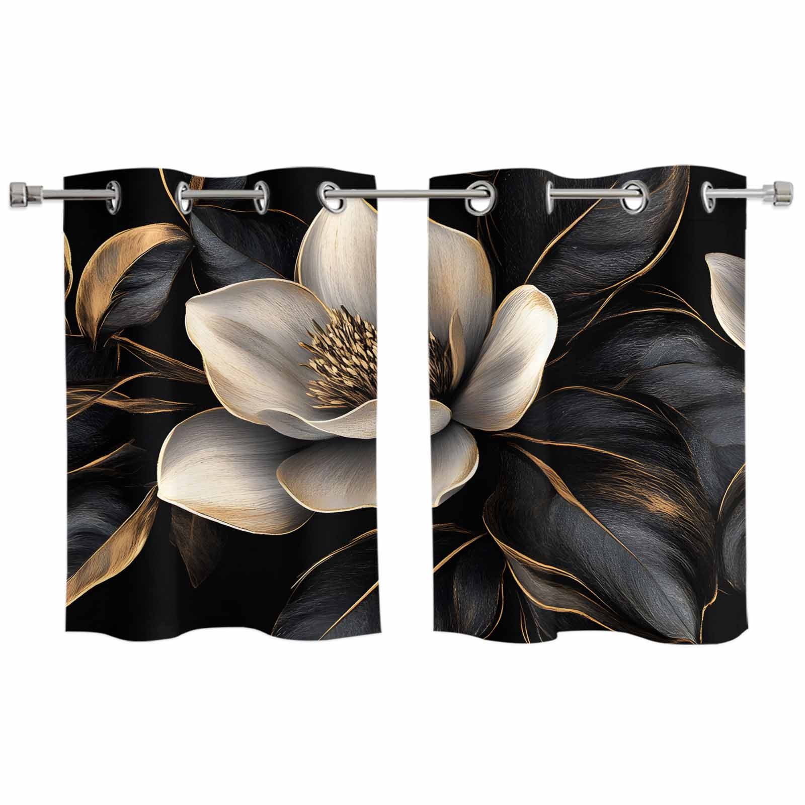 Black Gold Flower Kitchen Curtains Small Short 39 Inch Length, Gradient ...