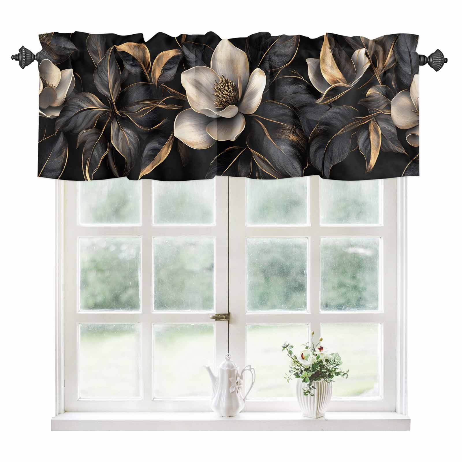 Black Gold Flower Kitchen Valances for Windows 54x18 Inch Kitchen ...