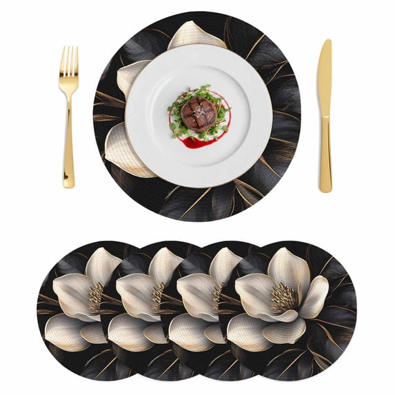 Black Gold Flower Round Placemats Set of 4, Braided Polypropylene Place ...