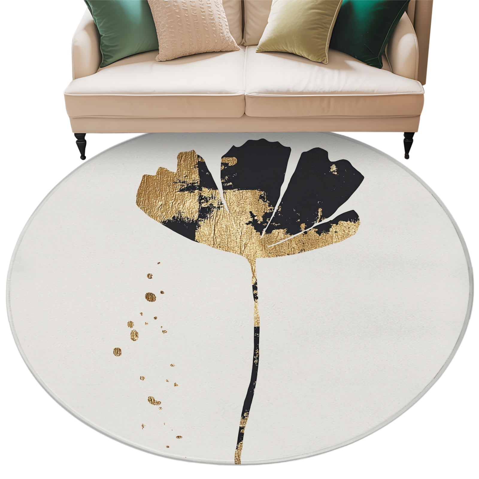 Black Gold Flower Round Rug 8ft Washable Circle Rugs Non Slip Farmhouse ...