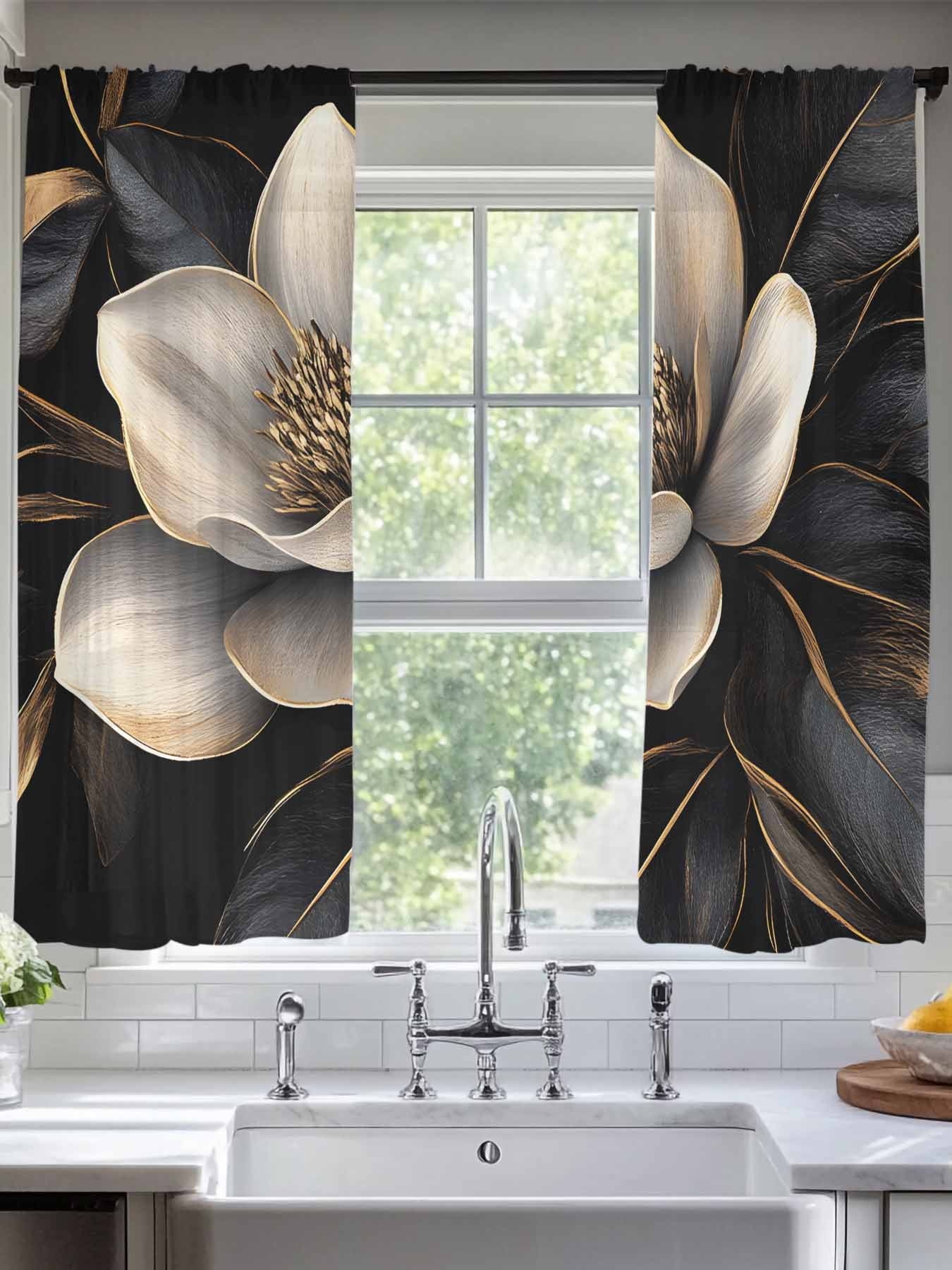 Black Gold Flower Sheer Curtains for Living Room Bedroom Gradient Luxurious Floral Botanical ...