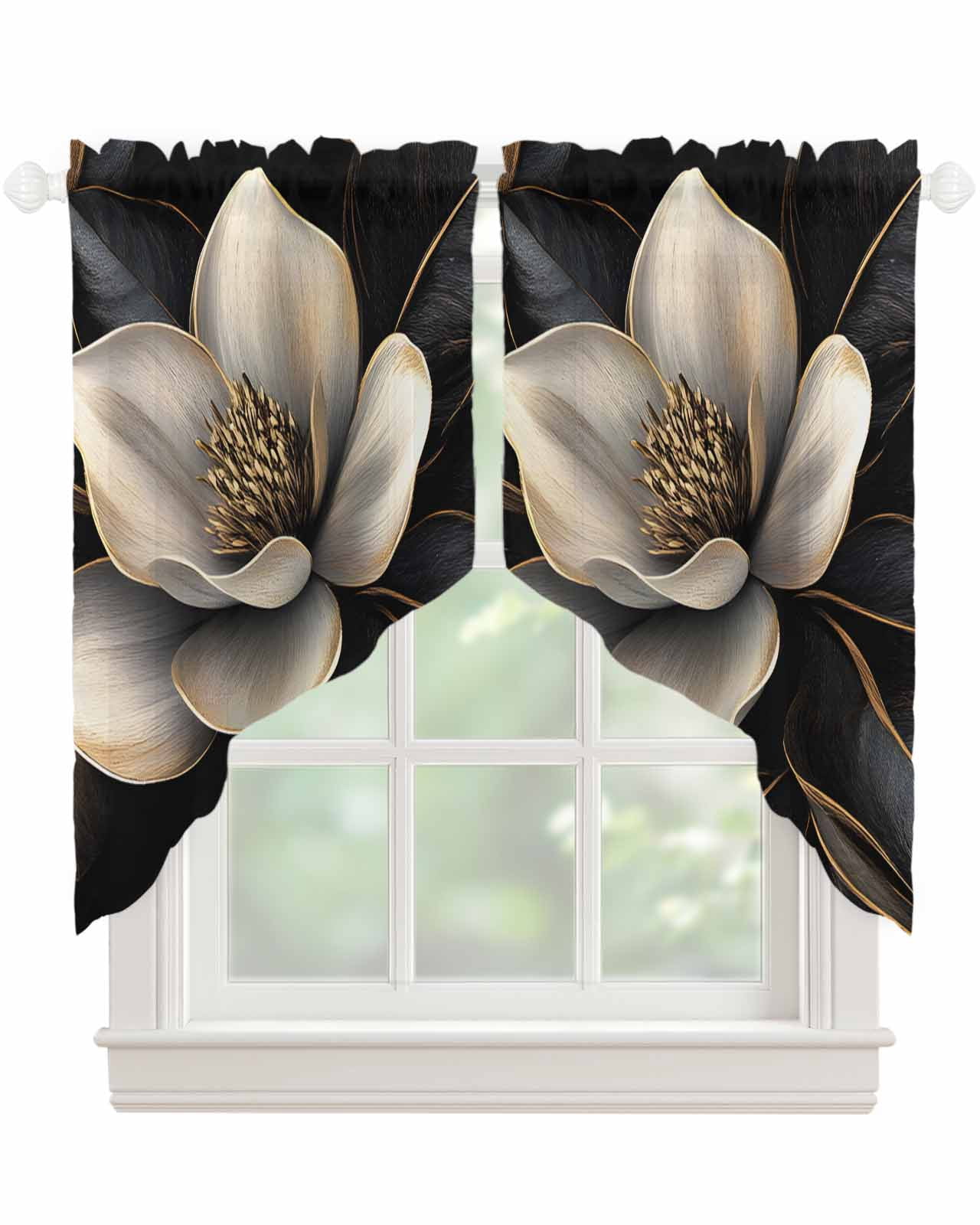 Black Gold Flower Swag Valances for Windows, Gradient Luxurious Floral ...