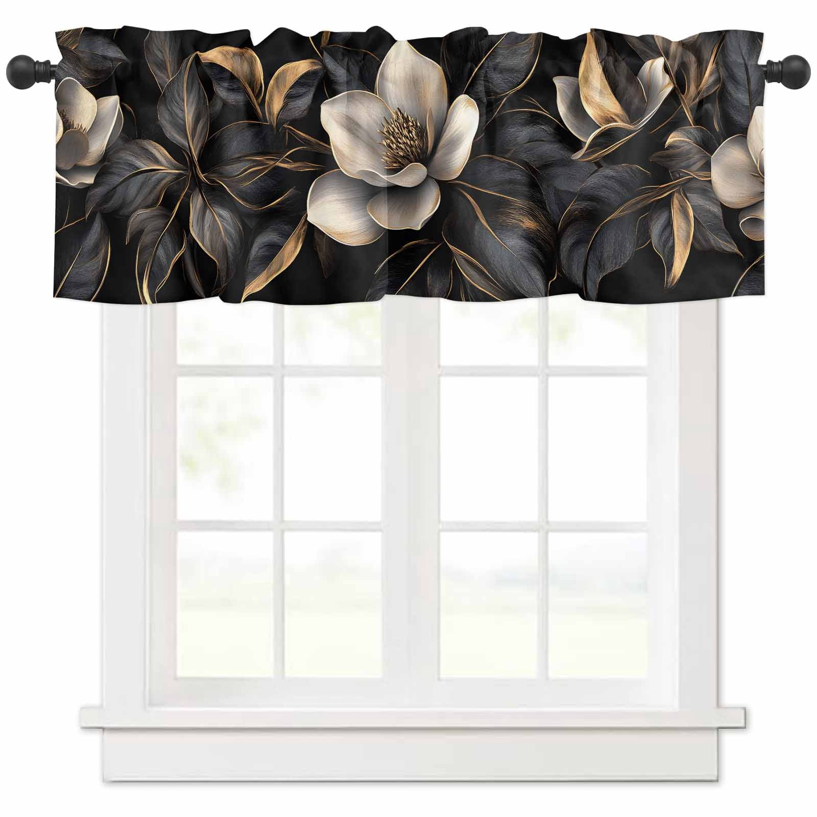 Black Gold Flower Valances for Windows Farmhouse Kitchen Curtains ...