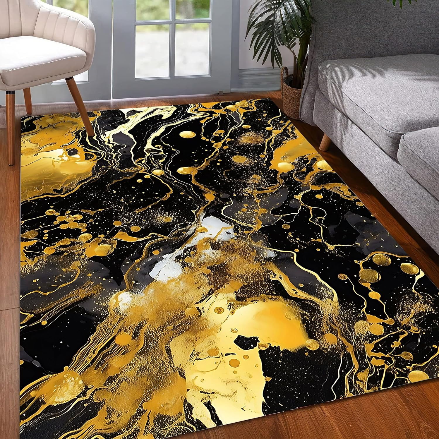 Black and Gold Fluid Marble Area Rugs, 5x6 Abstract Art Aesthetics ...