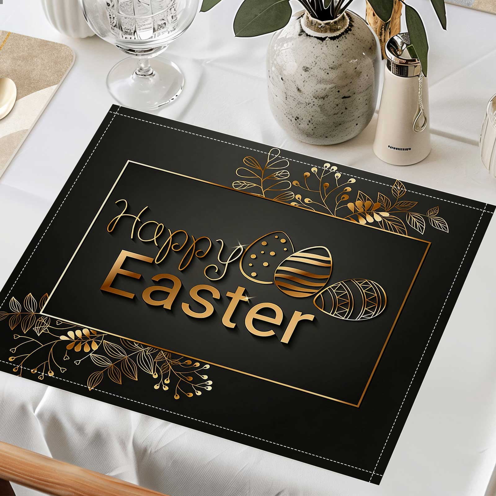 Black Gold Foil Happy Easter Placemats Set of 4, 32x42cm Linen Texture ...