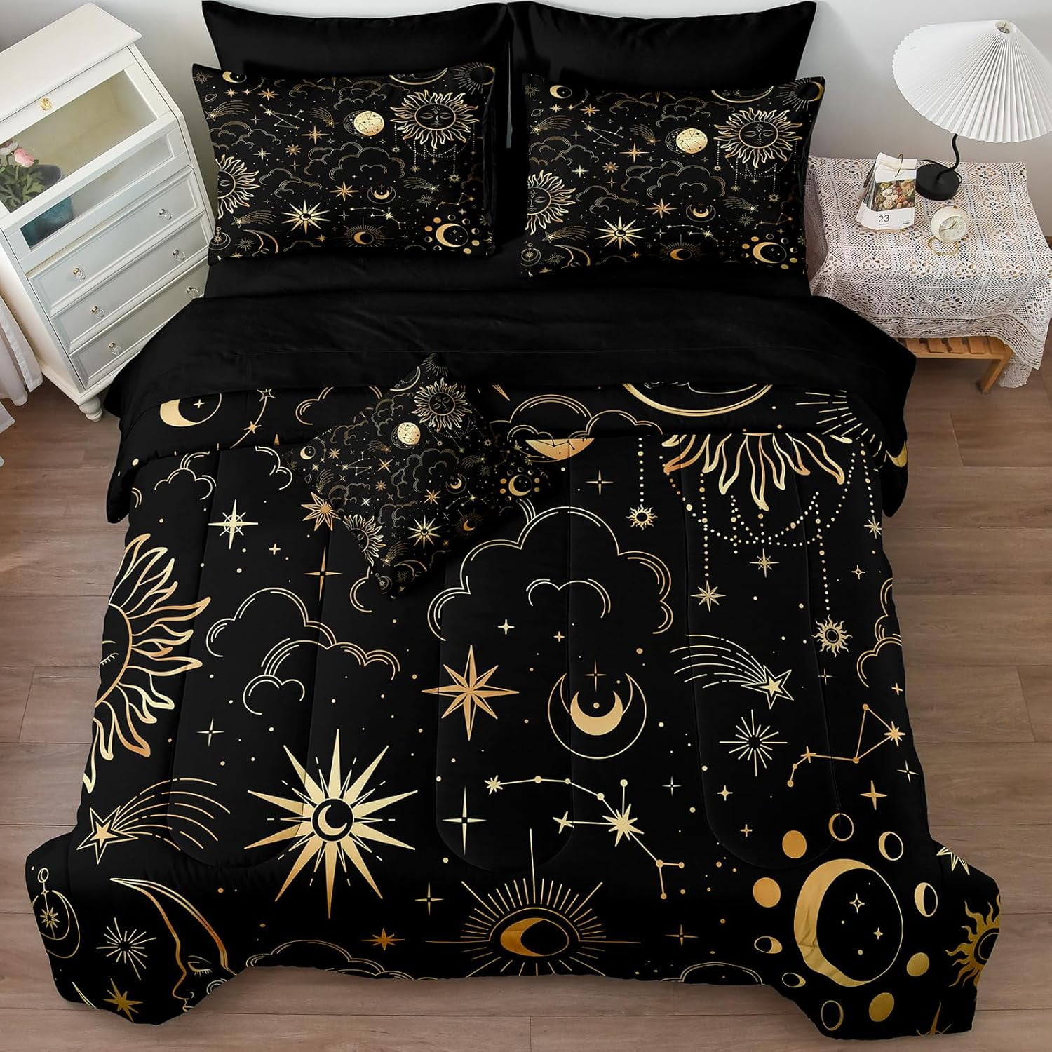 Black and Gold Full Size Bed in a Bag Sun and Moon Bedding Set ...