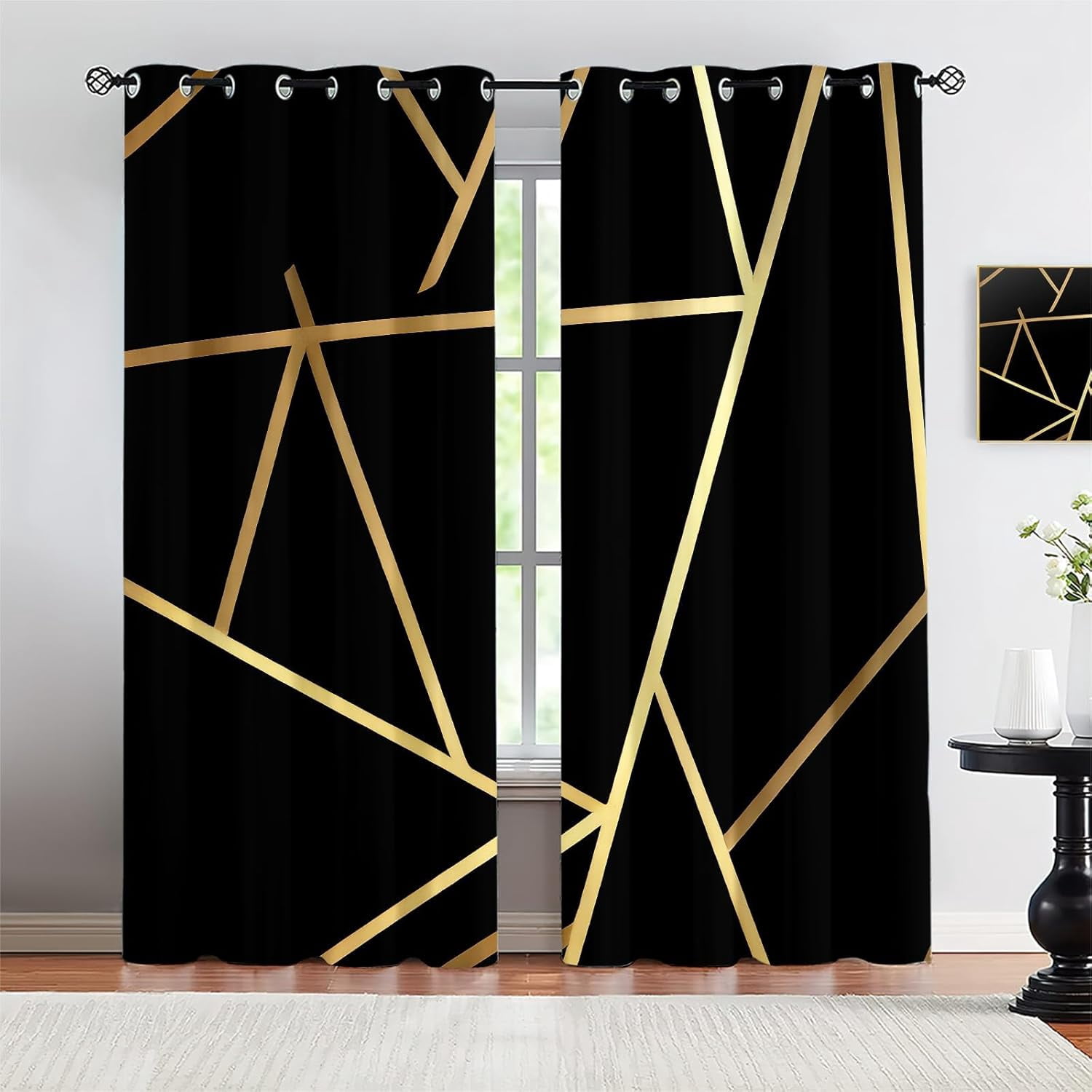 Black Gold Geometric Art Privacy Grommet Drapes, Abstract Crack Lines ...