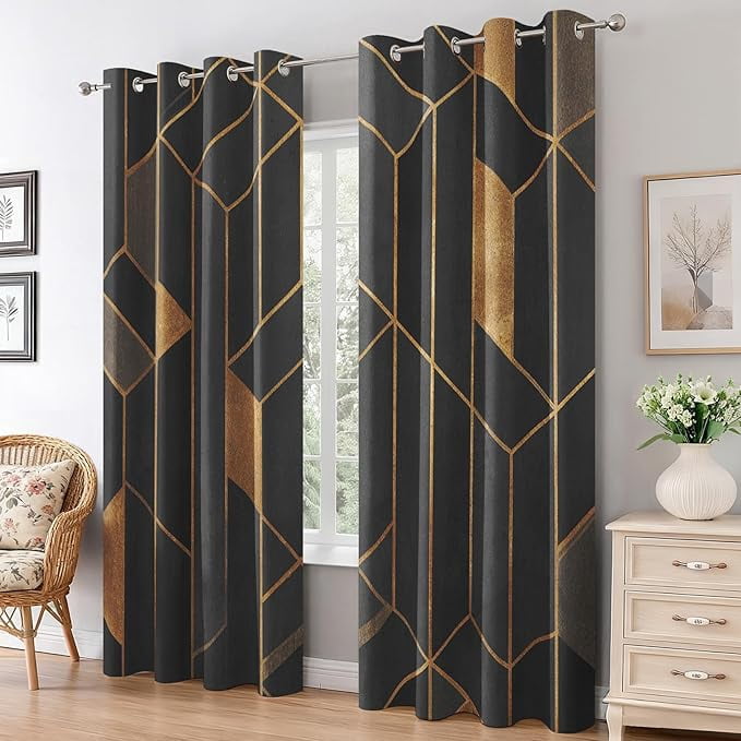 Black Gold Geometric Curtains Blackout & Home Decor, Abstract Geometry ...
