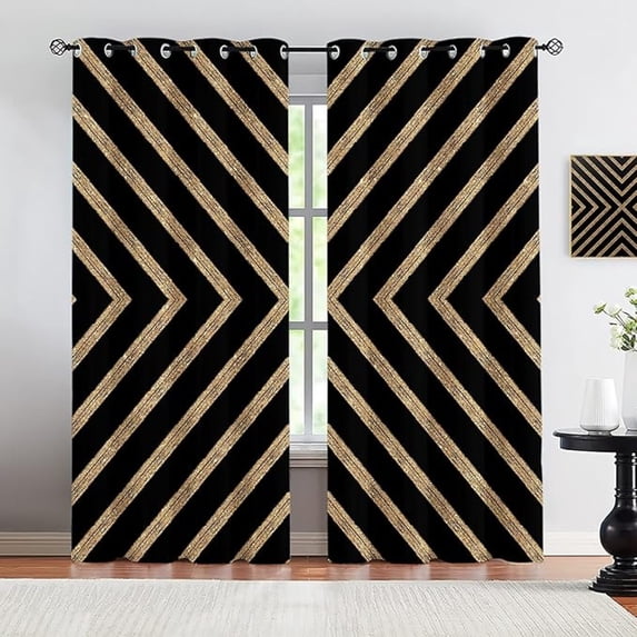 Black And Gold Geometric Line Blackout Curtains - 3D Printed Texture ...