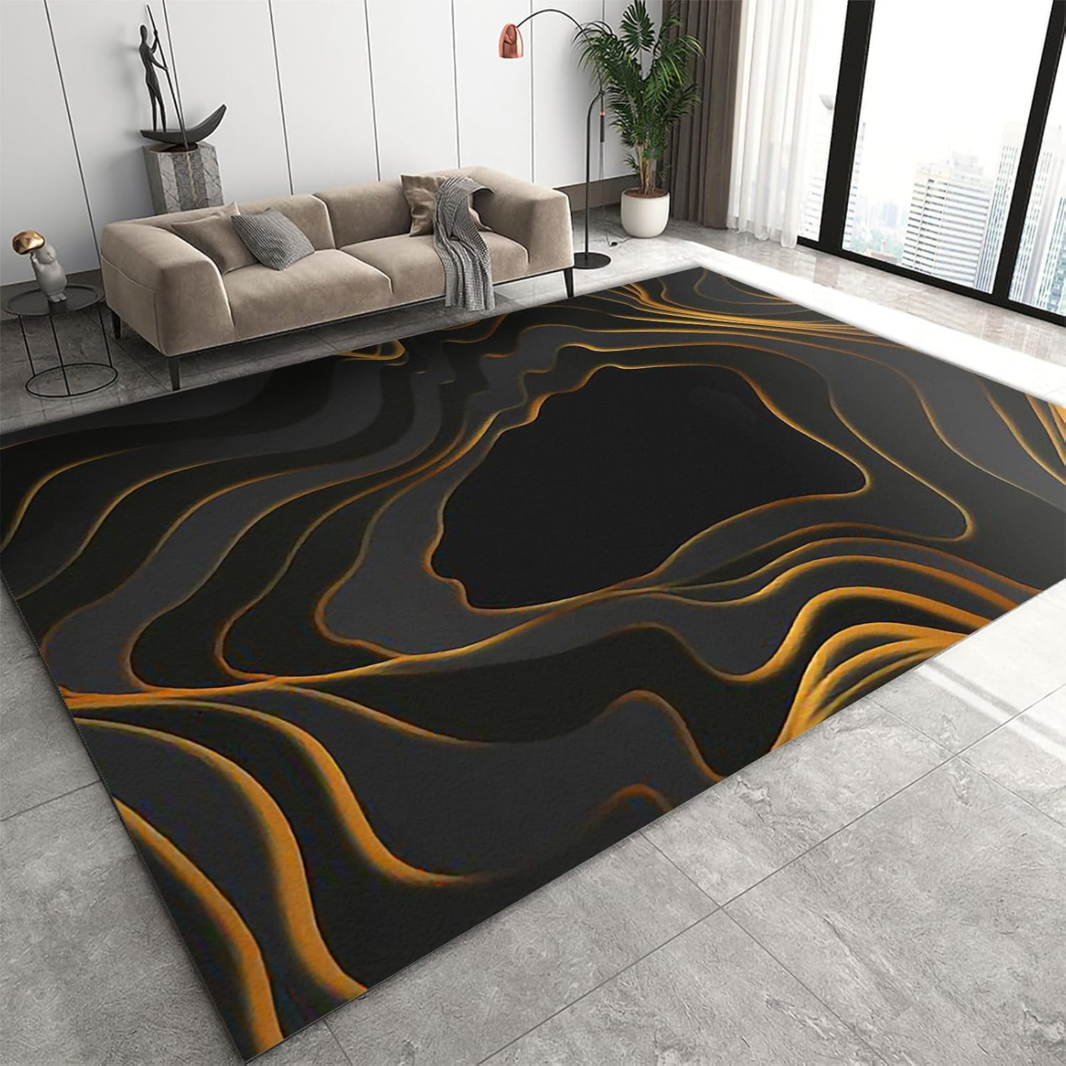 Black Gold Geometric Rug, Modern Home Decor Area Rug, Anti-Skid ...