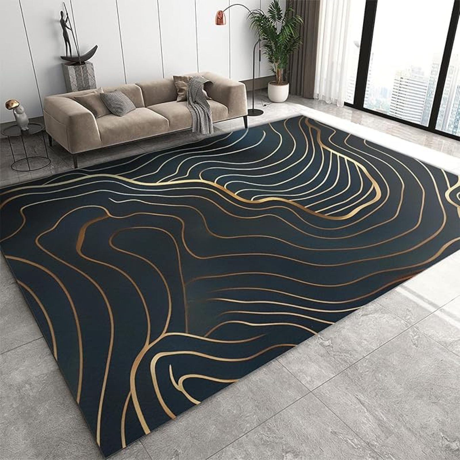 Black And Gold Geometric Rugs For Living Room Abstract Wavy Line Art ...