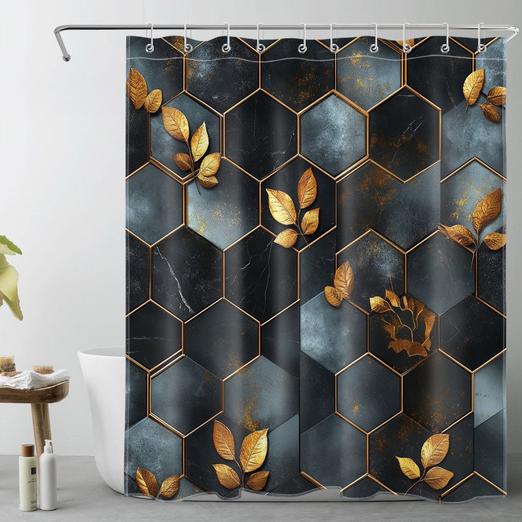 Black Gold Geometric Shower Curtain for Bathroom Black Marble Hexagon Honeycomb and Gold Leaf ...