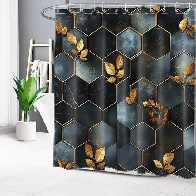 Black Gold Geometric Shower Curtain Black Marble Hexagon Honeycomb And Gold Leaf Fabric Shower ...