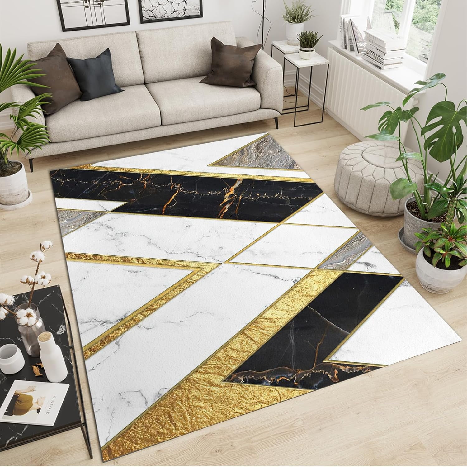 Black Gold Geometric Stitching Marble Area Rug Rectangle Stripe Large ...