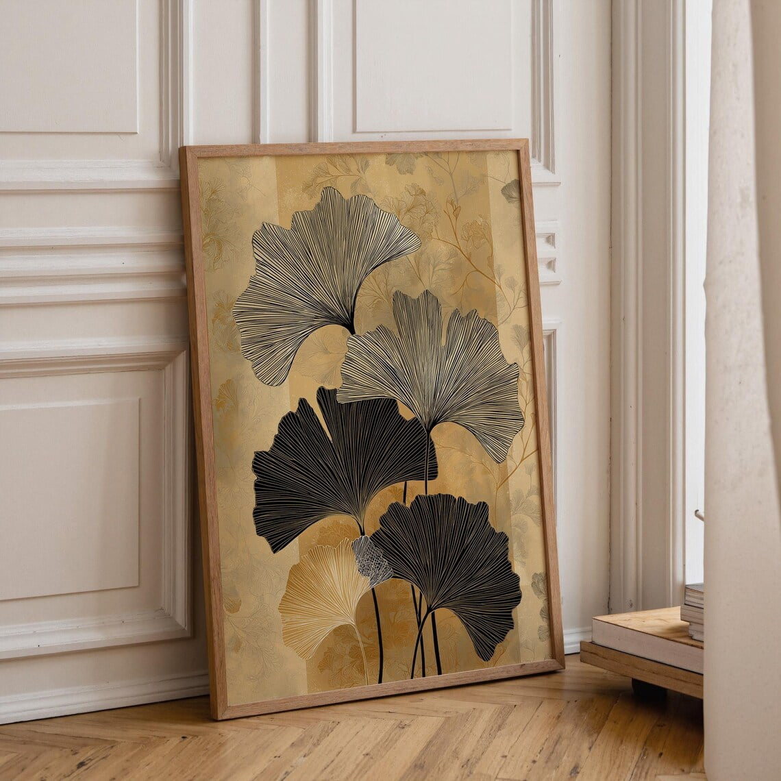 Black Gold Ginkgo Minimalist Botanical Art Deco Leaf Luxury Neutral ...