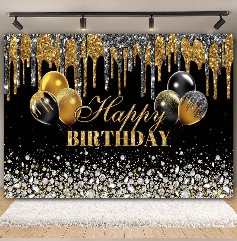 Black Gold Glitter Balloon Birthday Backdrop for Photography Women Men ...