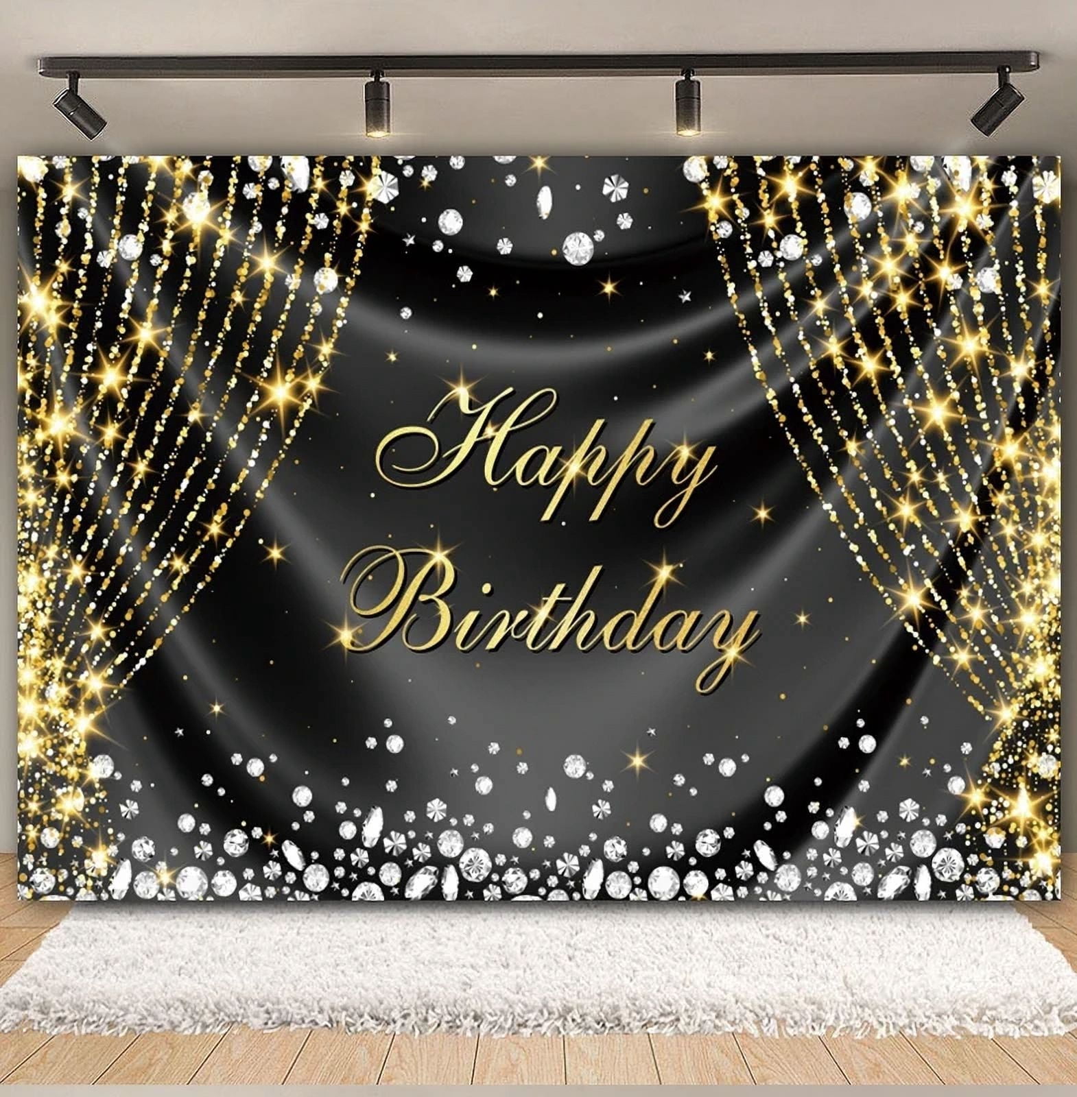 Black Gold Glitter Balloon Birthday Backdrop for Photography Women Men ...