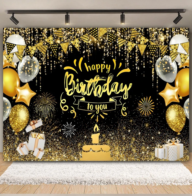 Black Gold Glitter Balloon Birthday Backdrop for Photography Women Men ...