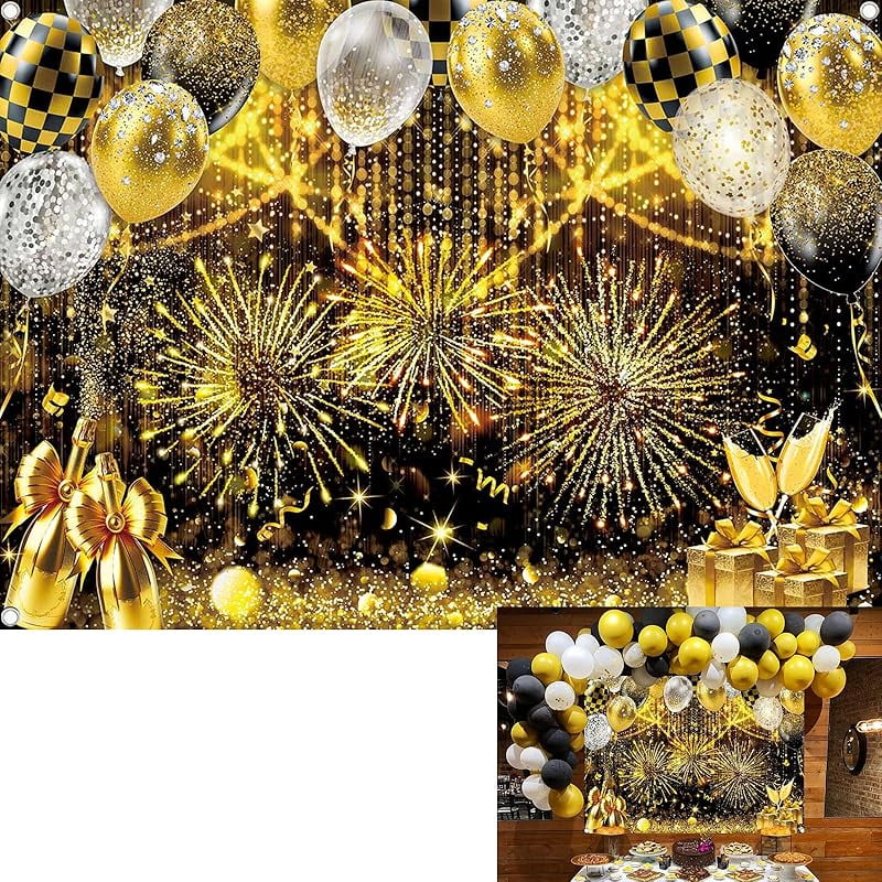 Black Gold Glitter Birthday Backdrop Black and Gold Ballon Photography ...