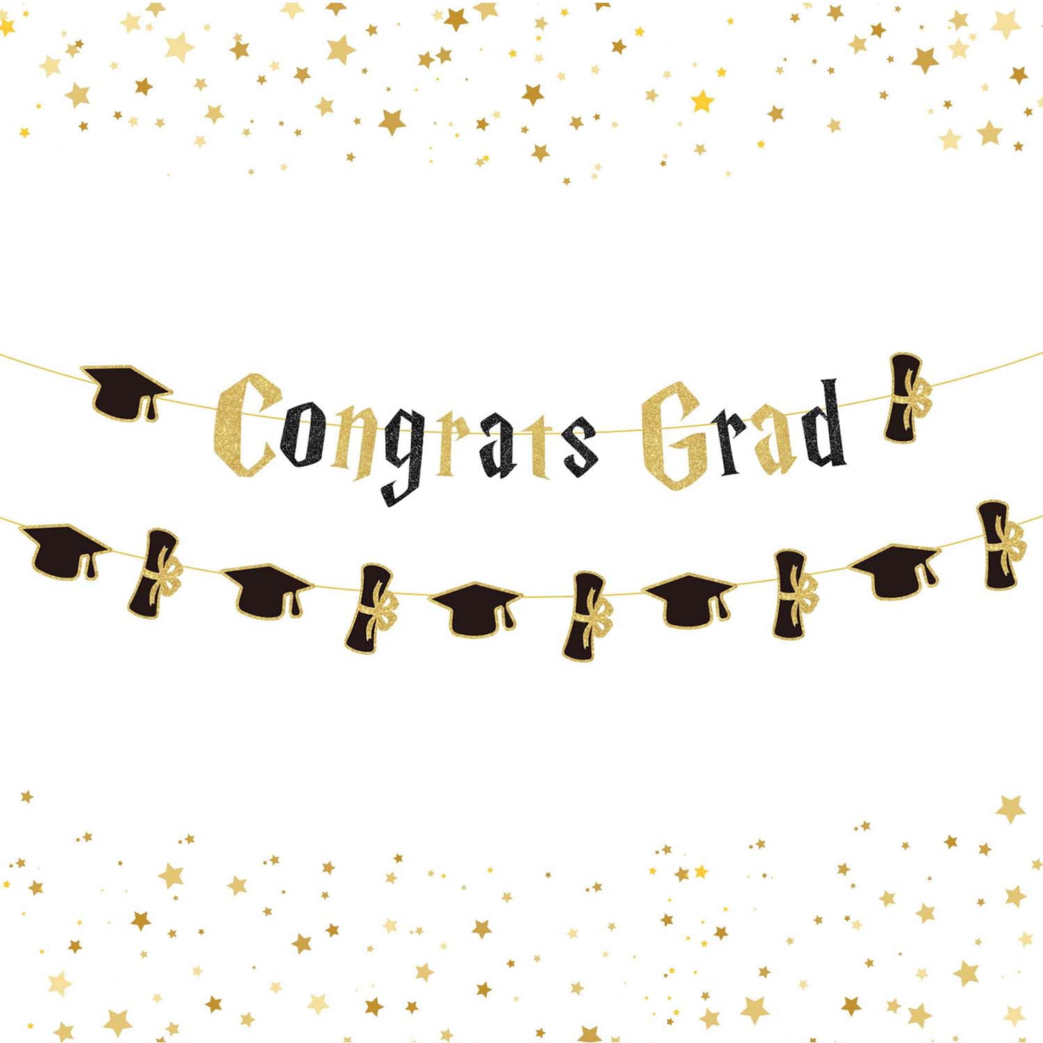 Black Gold Glitter CONGRATS GRAD Banner for Graduation Party Supplies ...