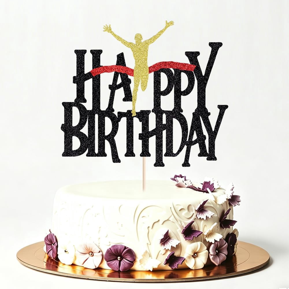 Black & Gold Glitter Happy Birthday Cake Topper, Runner Finish Line ...