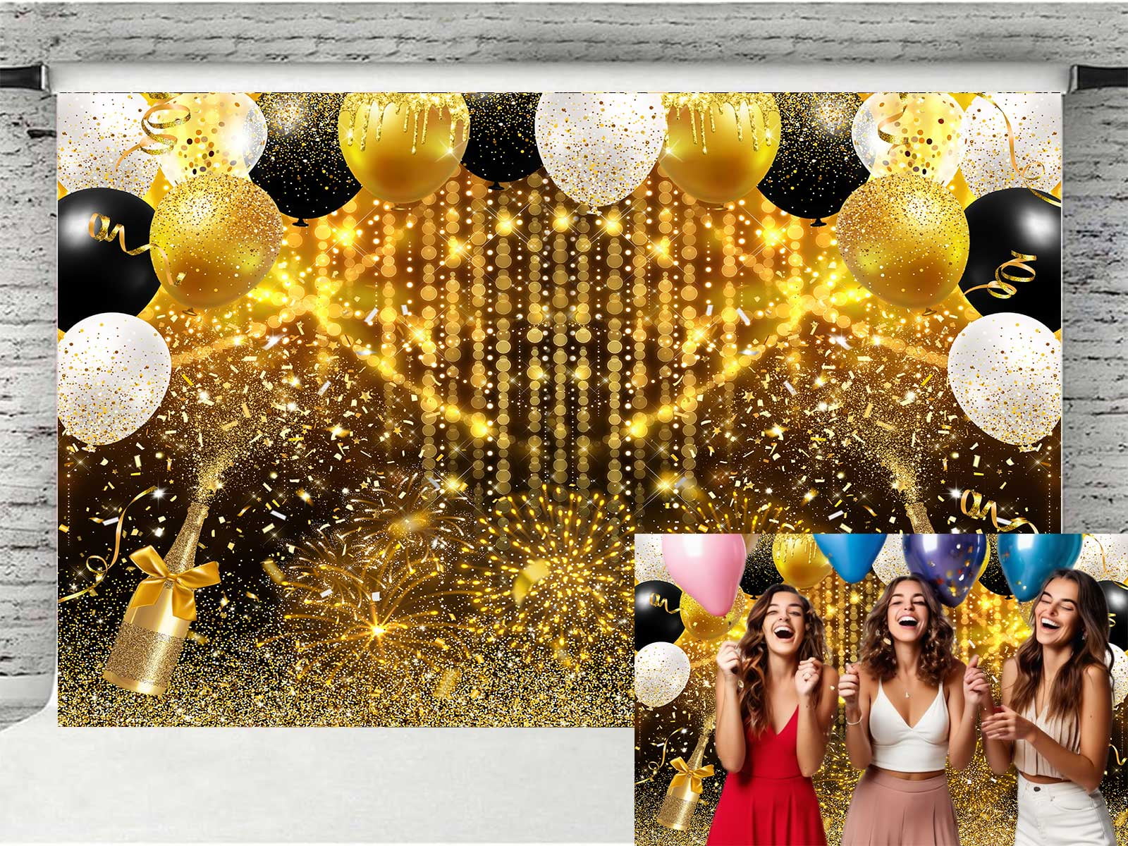 Black and Gold Glitter Party Photo Backdrop, Birthday Wedding Bridal ...
