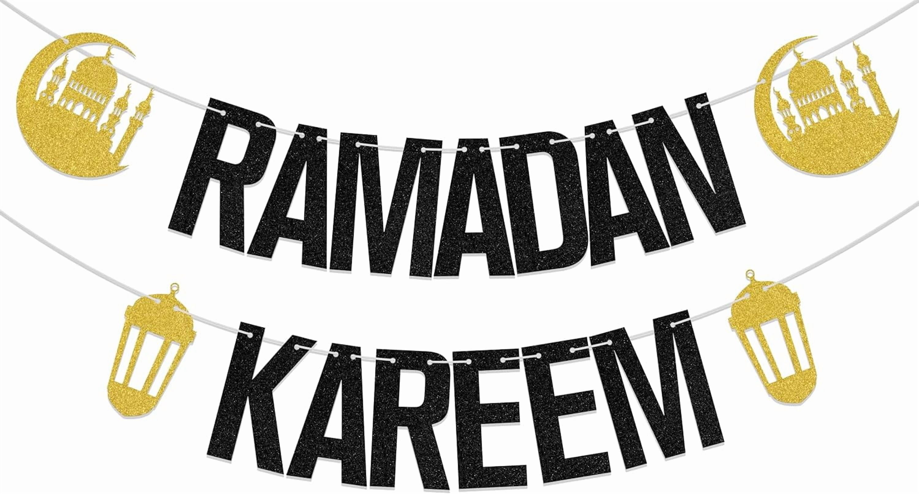 Black & Gold Glitter Ramadan Kareem Banner with Moon Mosque and Lantern ...