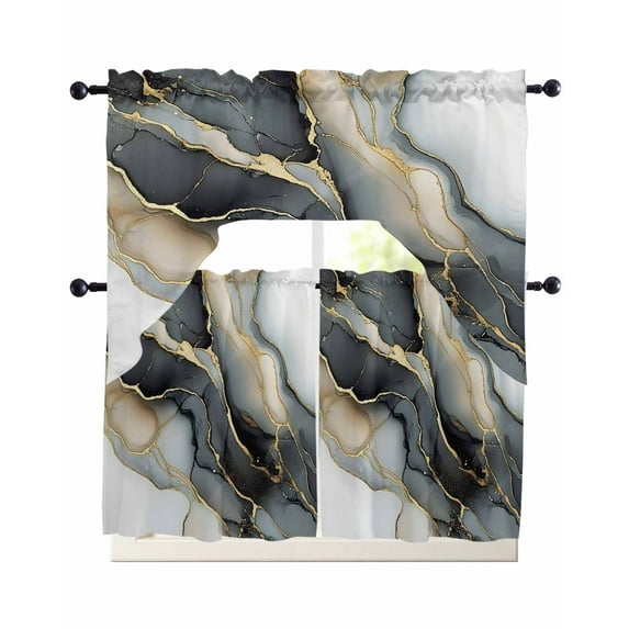 Black Gold Gradient Swag Valance and Tier Curtains Set Abstract Modern ...