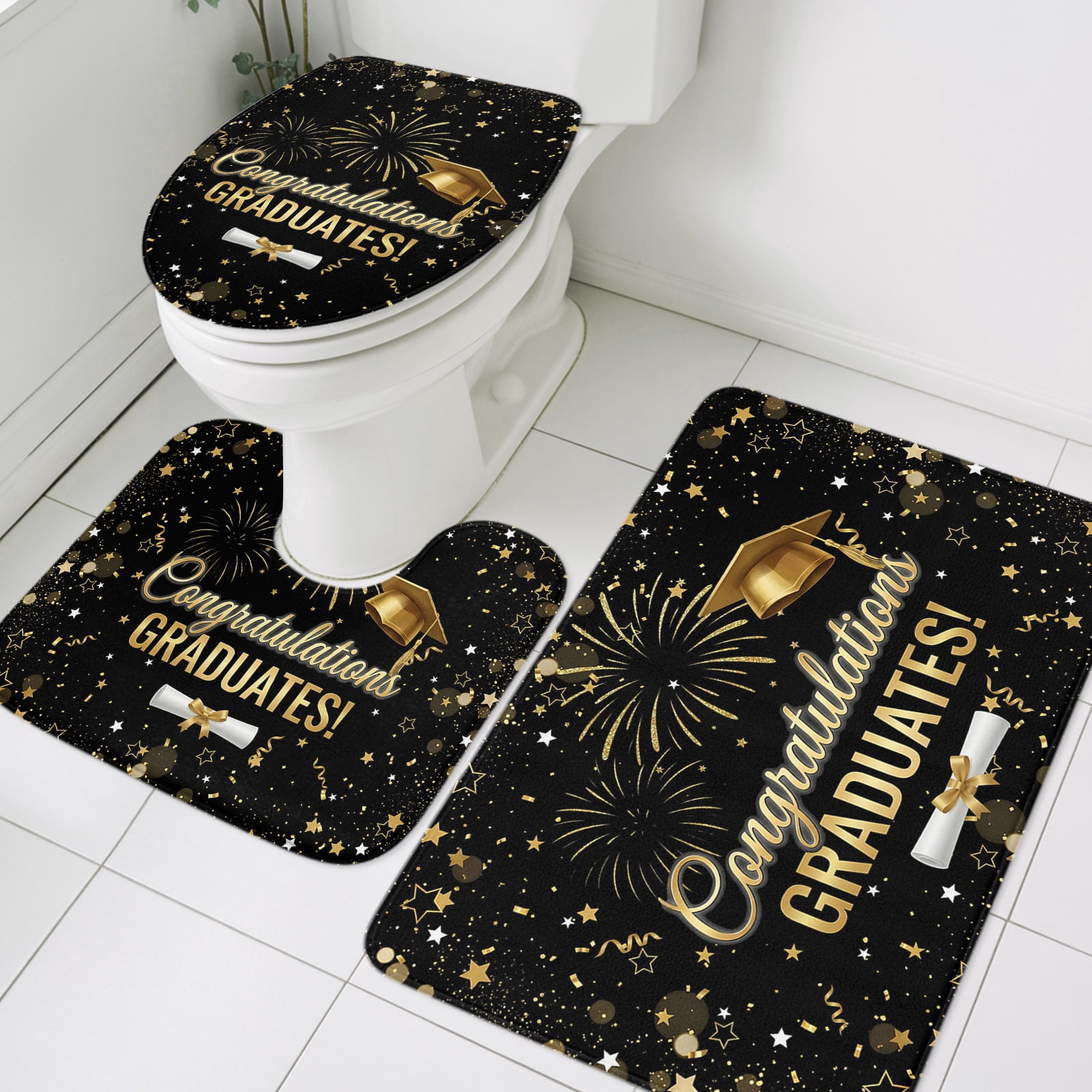 Black Gold Graduation Cap Bathroom Rugs Set Graduates Celebration ...
