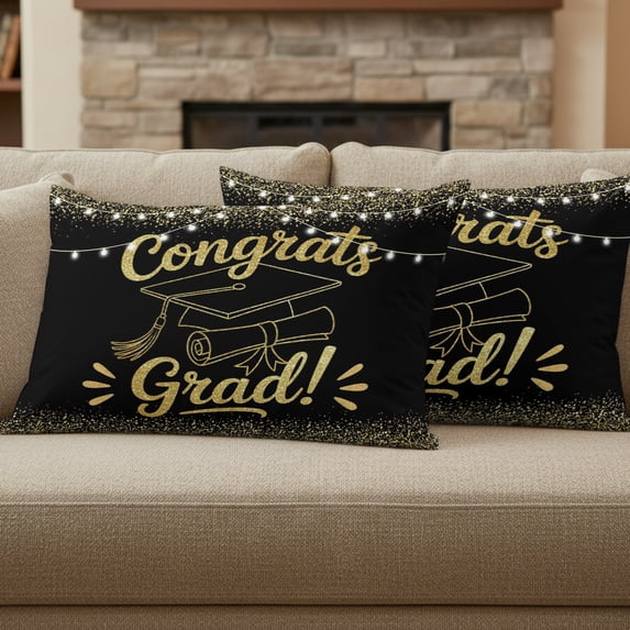 Black Gold Graduation Cap Pillow Covers Set of 2, Sequins Light Festive ...