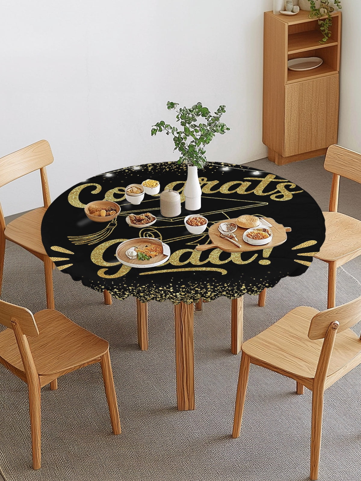 Black Gold Graduation Cap Round Fitted Tablecloth with Elastic Edge ...