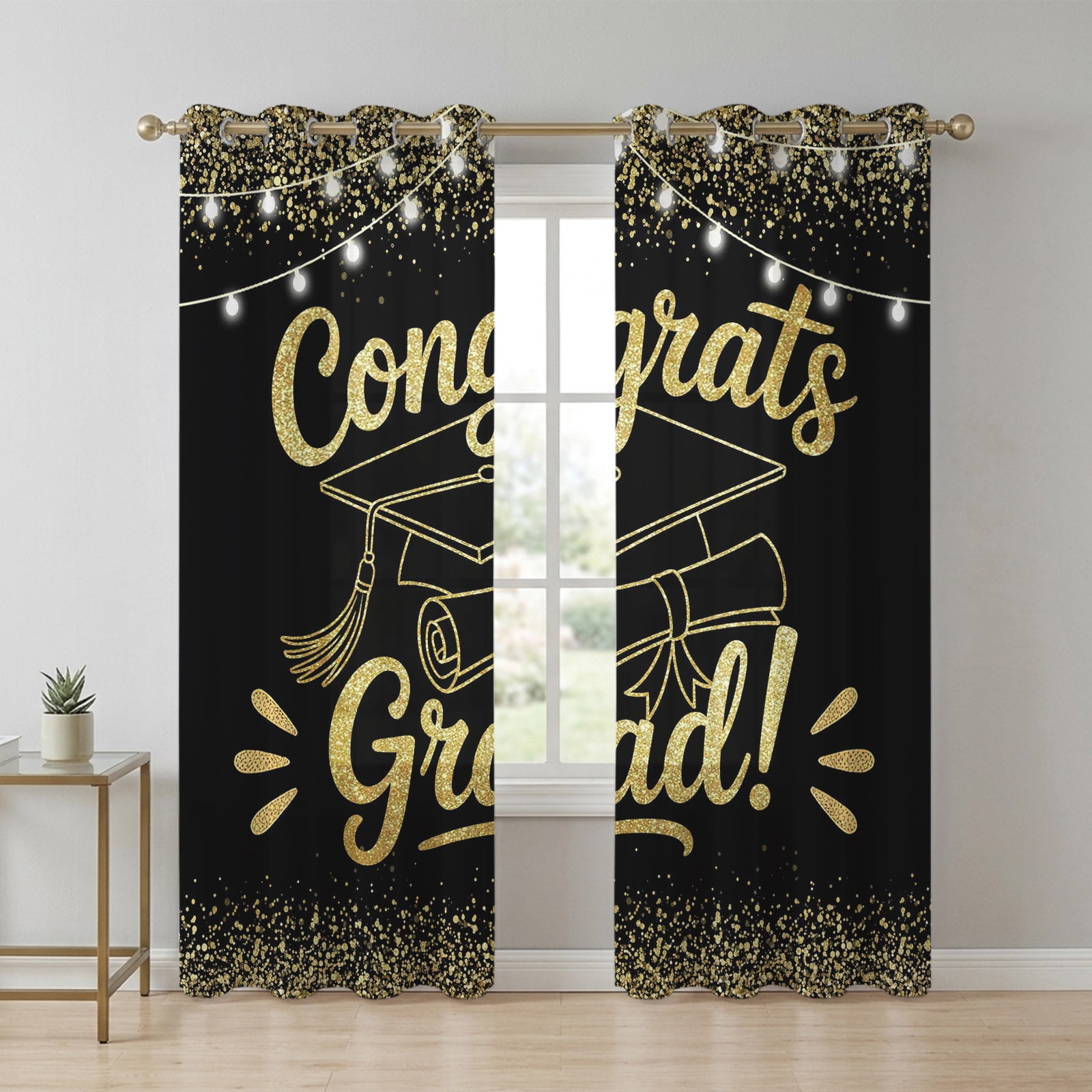 Black Gold Graduation Cap Sheer Curtains 84 Inch Long 2 Panels, Sequins ...