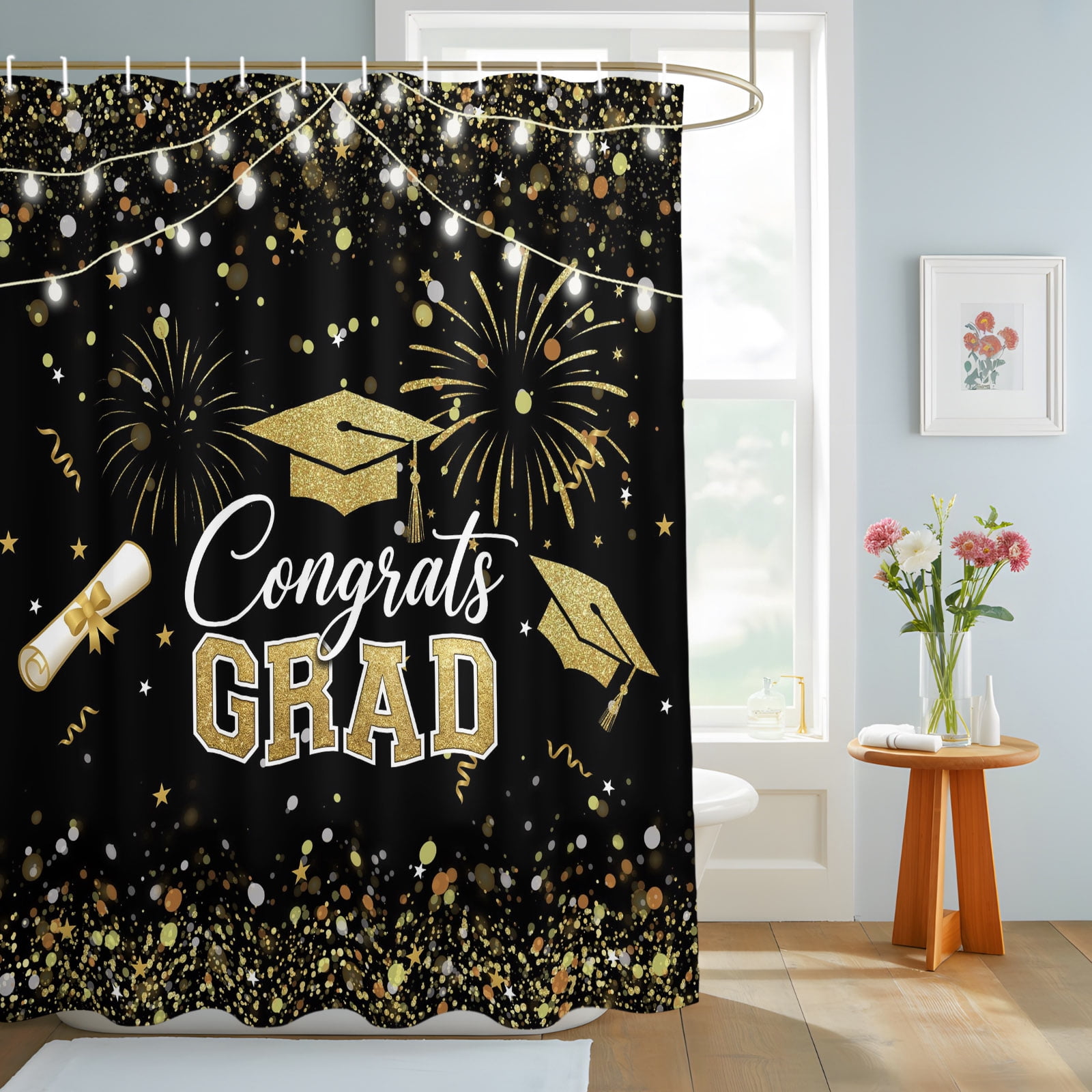 Black Gold Graduation Cap Shower Curtain, Graduates Celebration ...