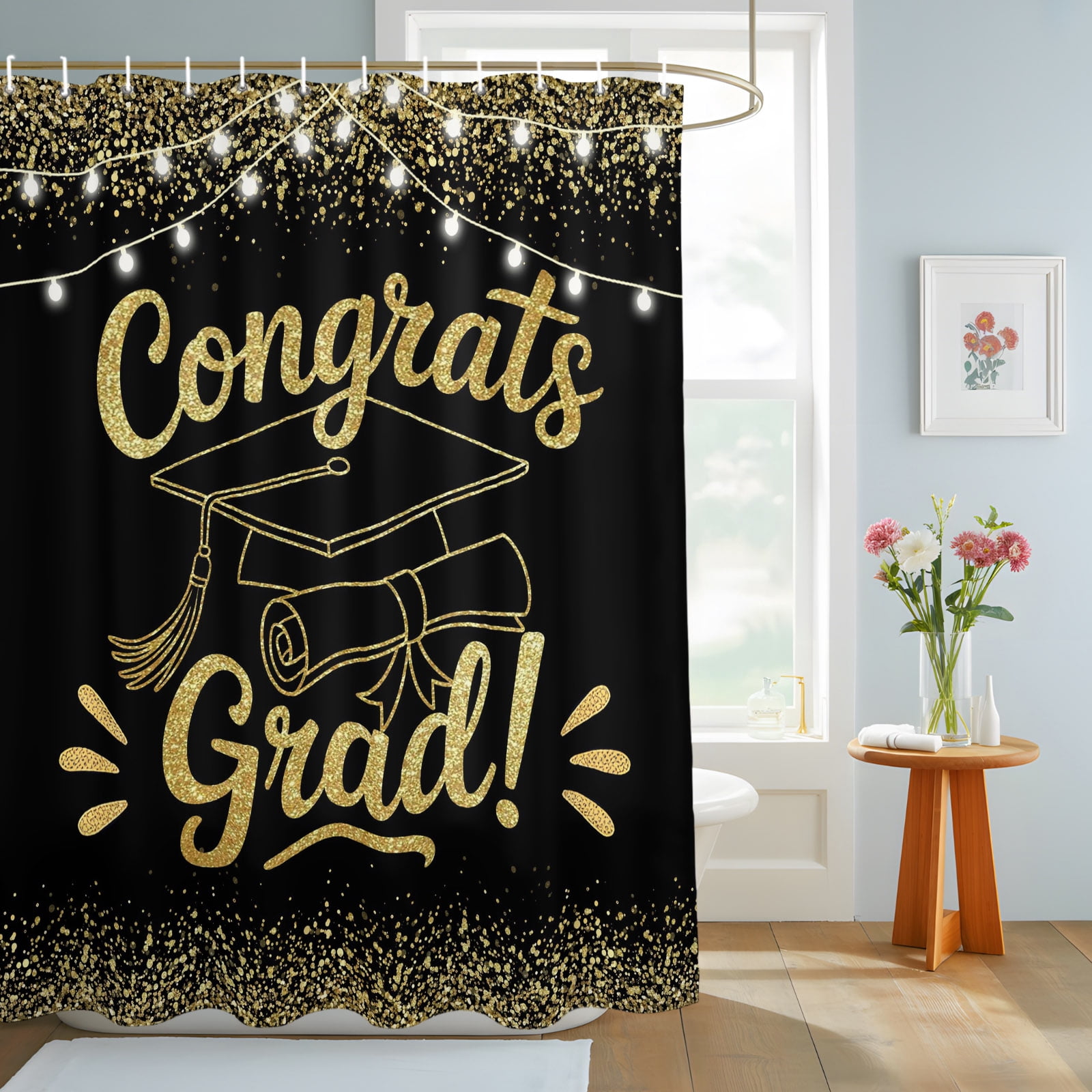 Black Gold Graduation Cap Shower Curtain, Sequins Light Festive ...